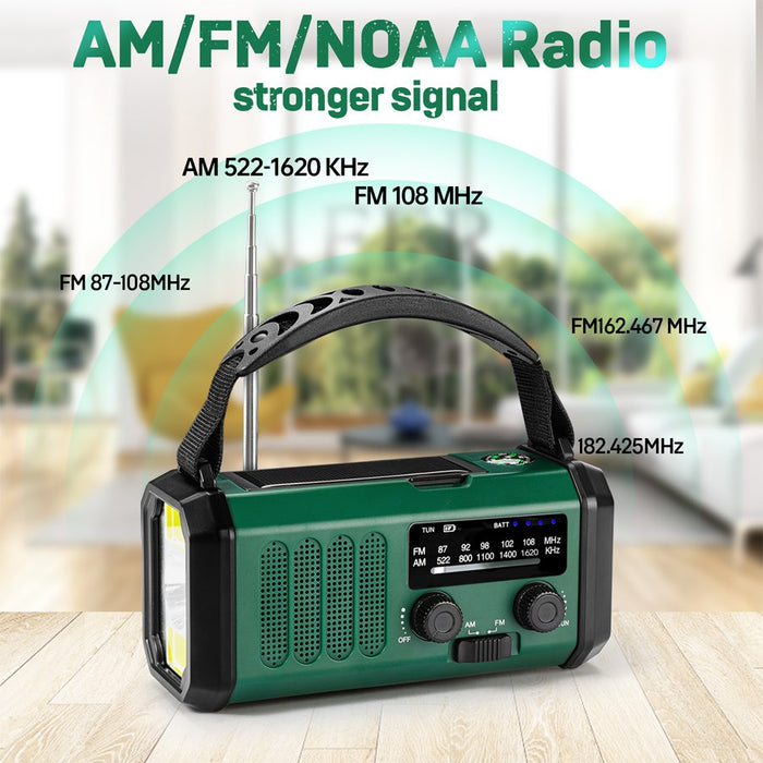 FM nødradio, håndsving, solcellepanel, kompas, 10.000 mAh powerbank, G ...